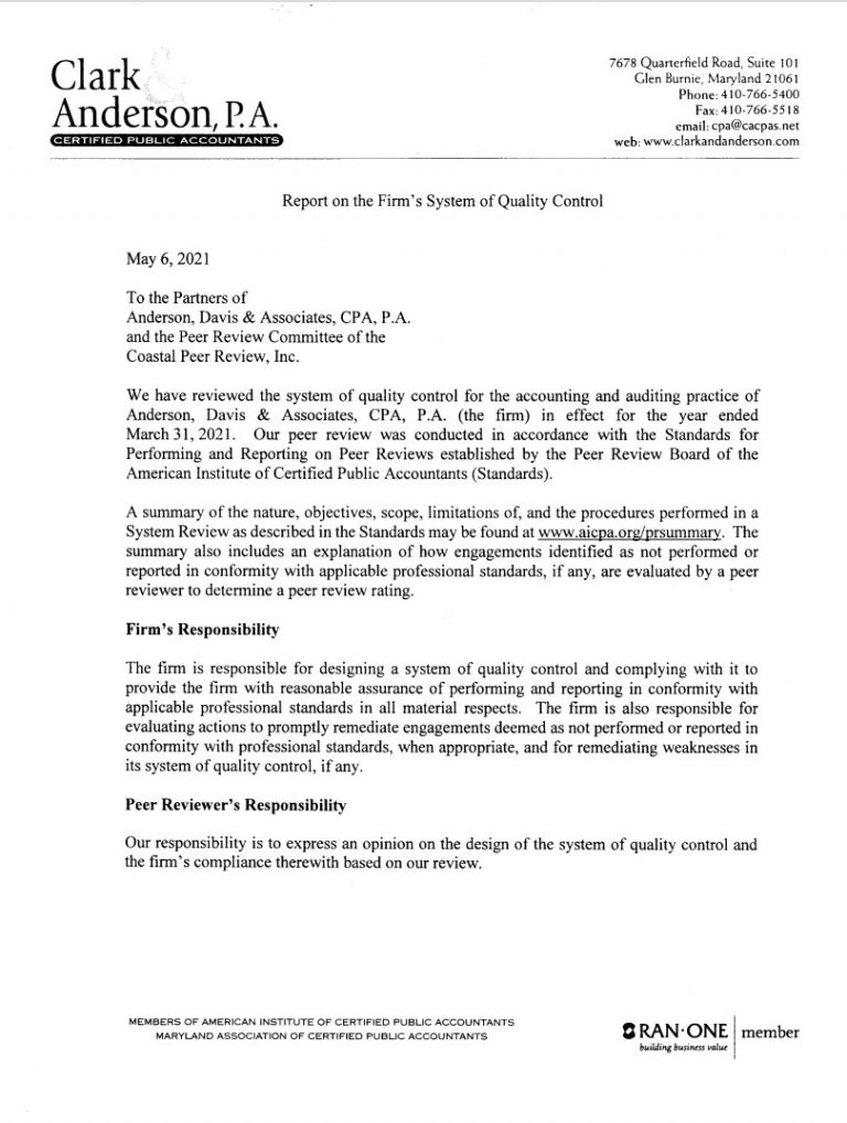 Peer Review Letter - Anderson Davis CPA